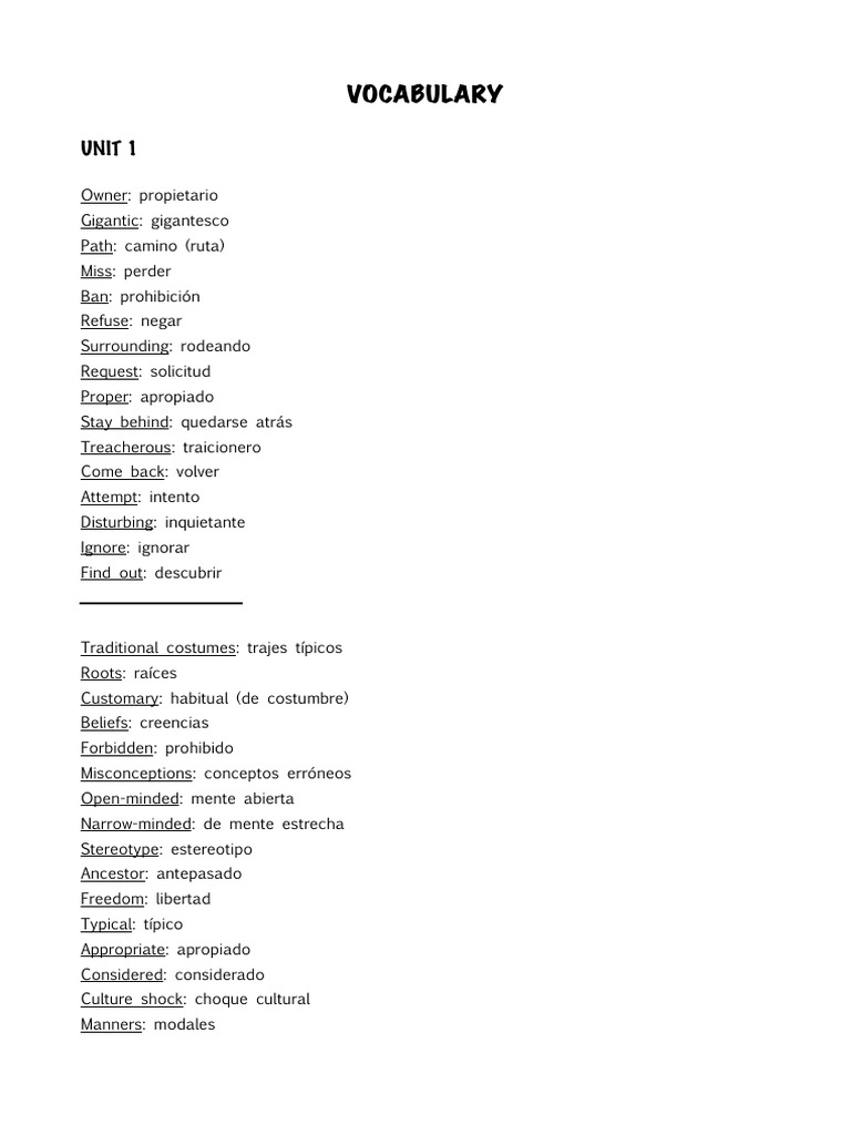Vocabulario Esencial: Unidades 1 y 2 | PDF