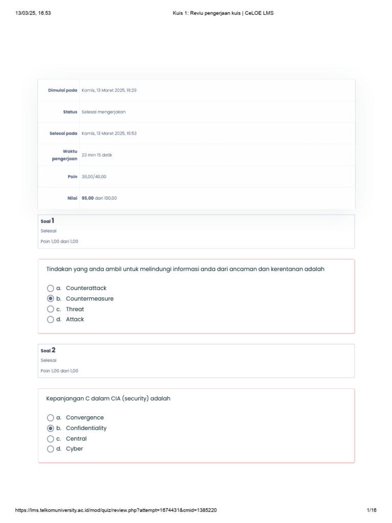 Kuis 1 - Reviu Pengerjaan Kuis - CeLOE LMS | PDF
