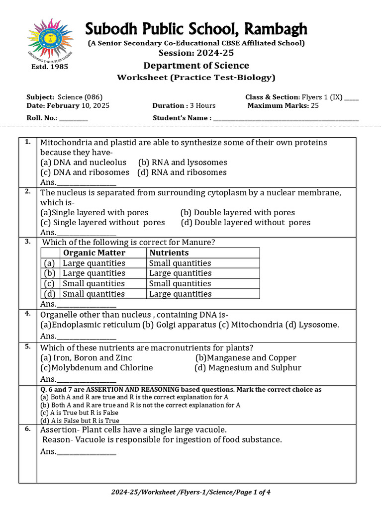 Biology Practice Test Worksheet IX | PDF | Cell (Biology) | Organelle