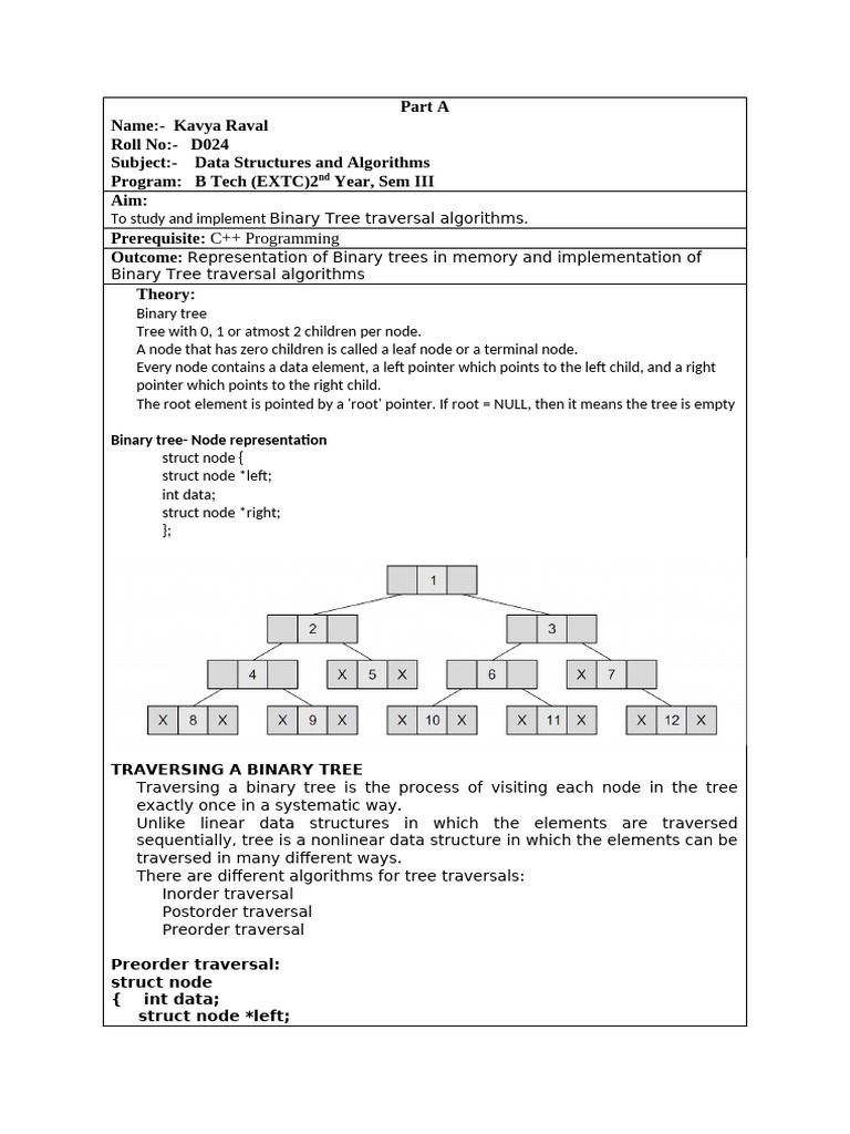 Expt7- DSA d024 (Binary Tree Traversal) | PDF | Algorithms And Data Structures | Computer ...