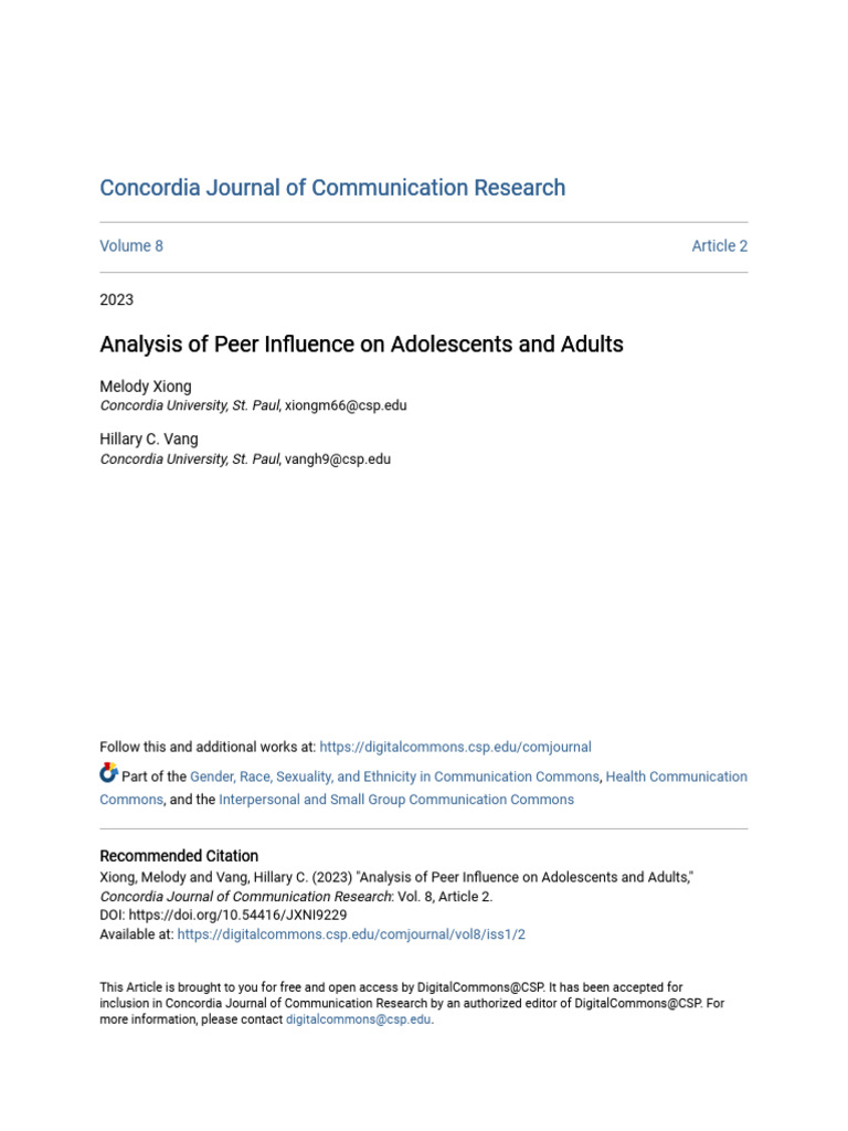 Peer Influence On Adolescents and Adults | PDF | Adolescence | Survey ...