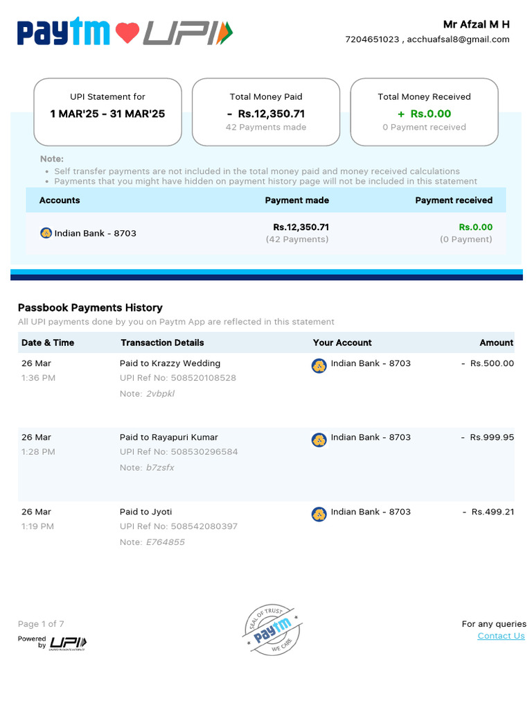 Paytm_UPI_Statement_March_2025 | PDF | Banks | E Commerce