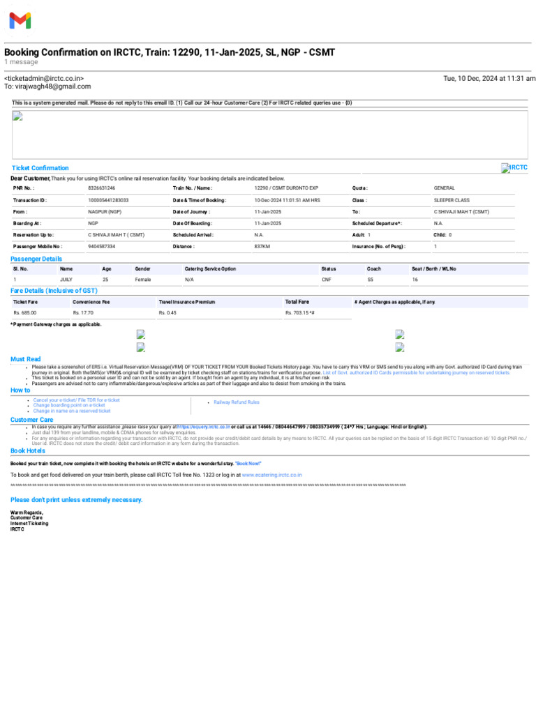 N_M_Gmail - Booking Confirmation on IRCTC, Train_ 12290, 11-Jan-2025, SL, NGP - CSMT | PDF ...