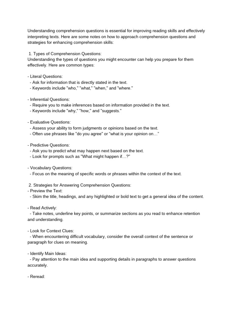 Understanding Comprehension Questions | PDF | Reading Comprehension ...