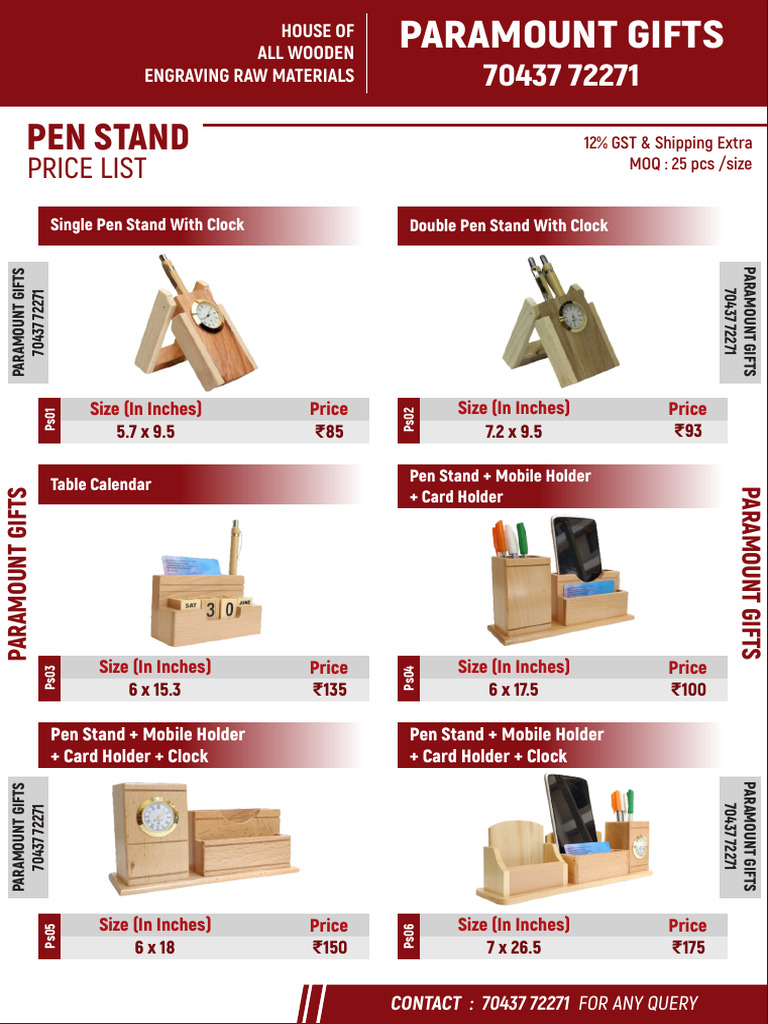 Wooden Pen Stand Price List | PDF