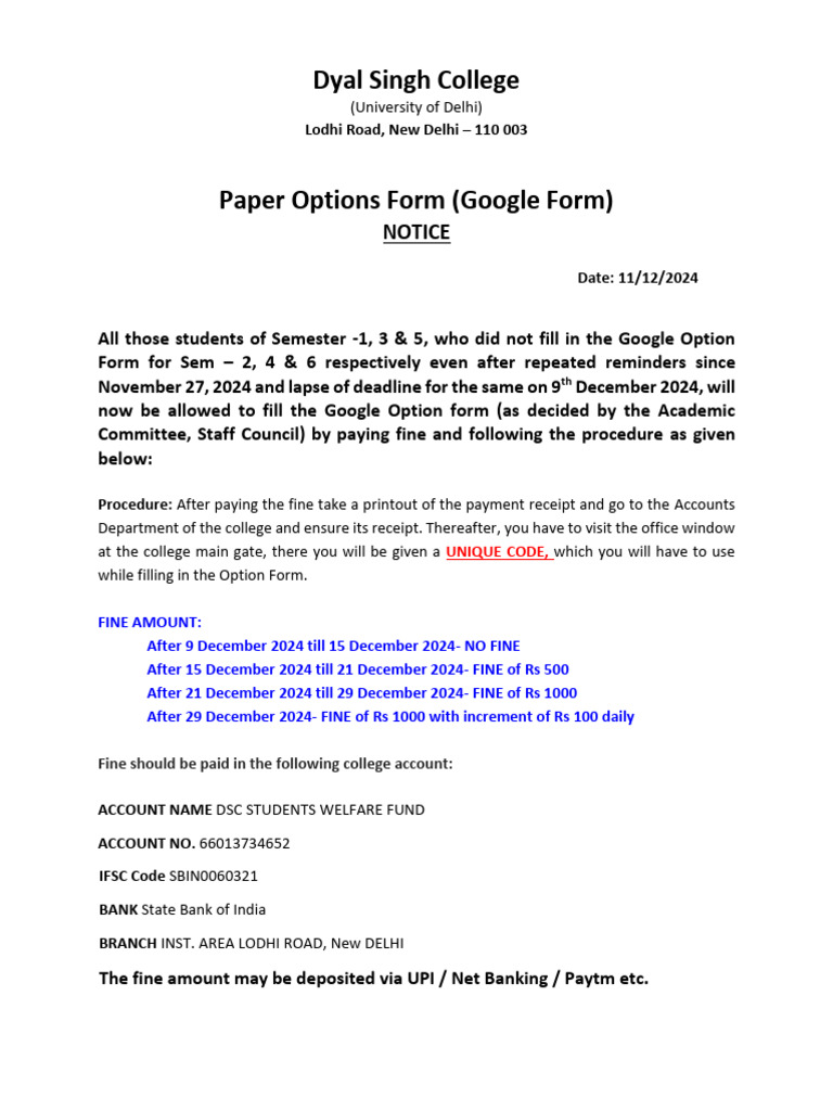Notice FINE for Late Filling the Option Form 11.12.2024 | PDF ...
