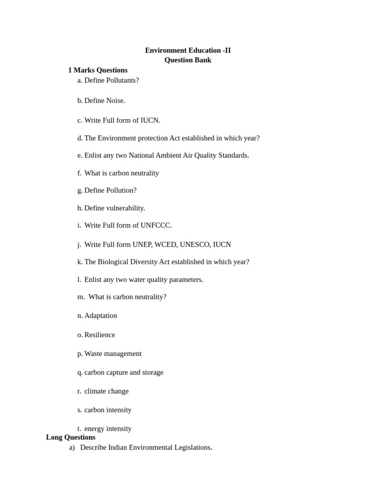 Environmental Education Question Bank | PDF | Pollution | Climate Change