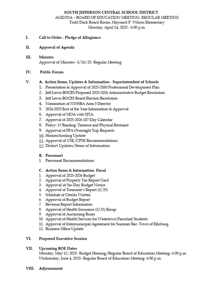 South Jefferson Central School District Board of Education agenda April ...