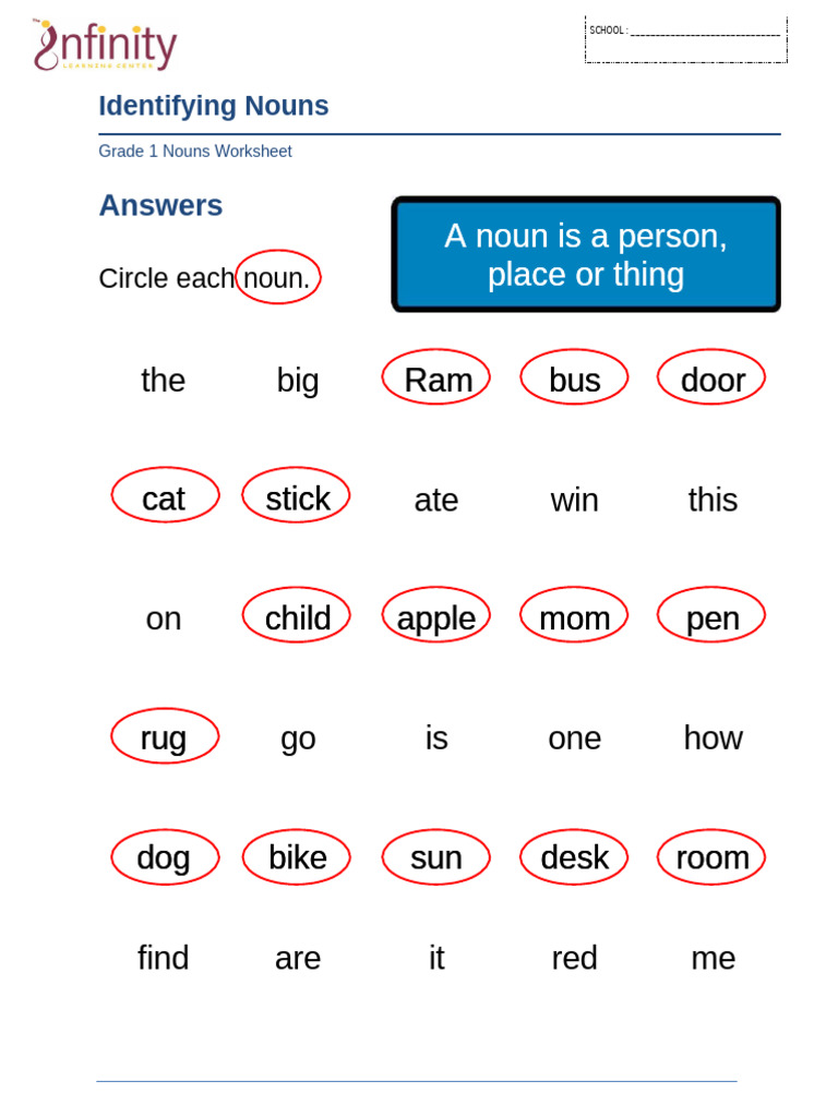 Grade 1 Nouns Identification Worksheet | PDF