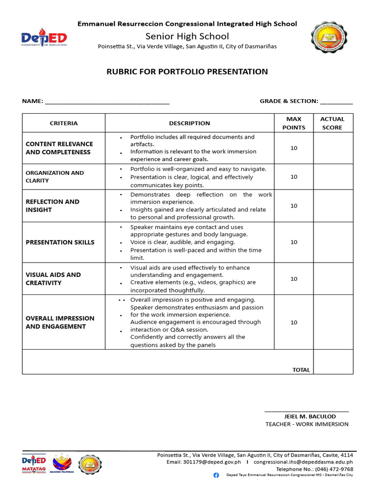 Portfolio Presentation Rubric | PDF | Cognition | Learning