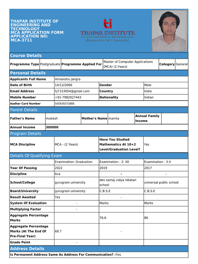MCA Application Form - Himanshu Jangra | PDF