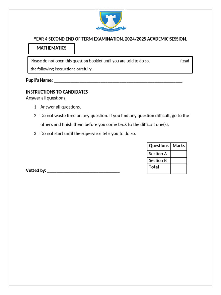Mathematic End of Term 2 2024 | PDF | Mathematics | Arithmetic