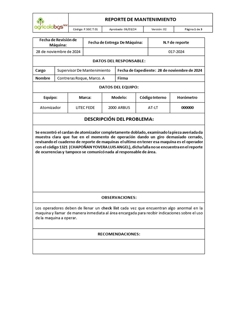 Reporte de Falla de Atomizador Litec | PDF