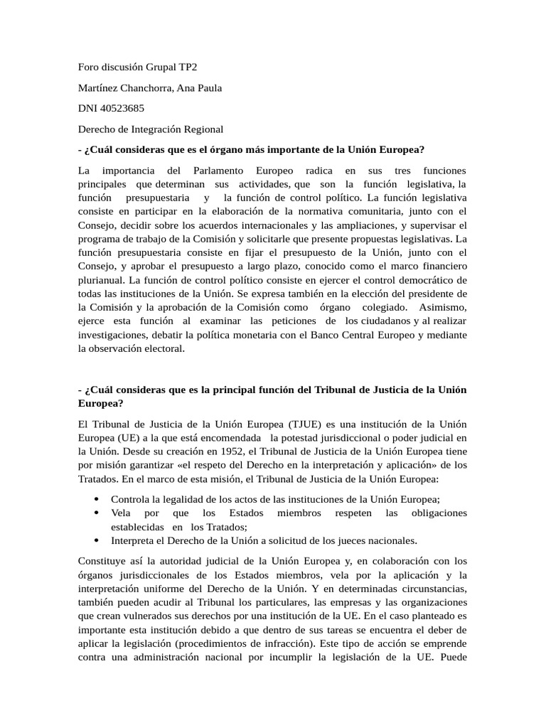 Foro discusión Grupal TP2 | PDF | Unión Europea | Ley de la Unión Europea