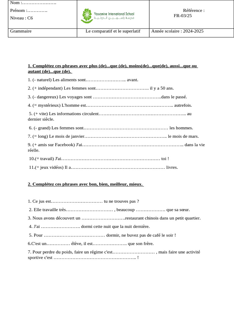 comparatif et superlatif devoirs | PDF