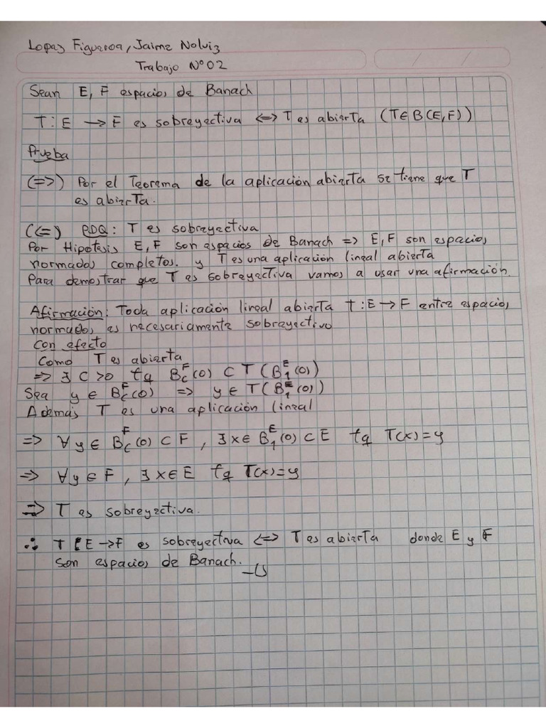 Sean E y F Espacios de Banach, T Es Sobreyectiva Si y Solo Si T Es ...