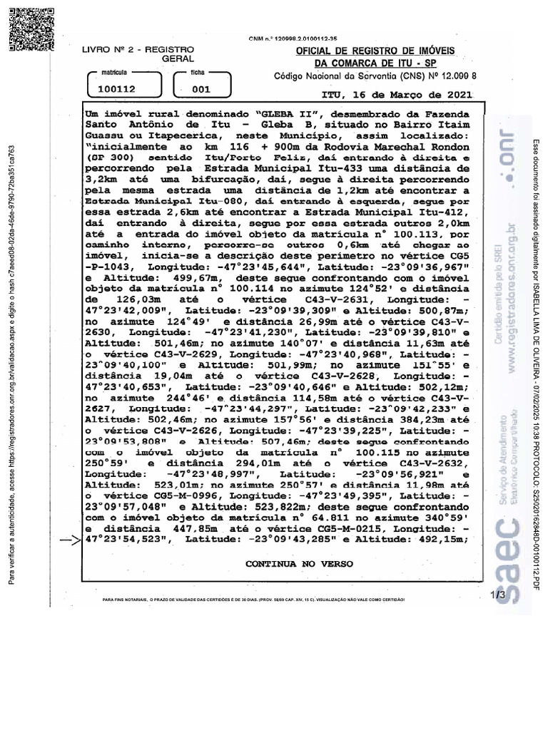 Mat 100.112 Do 1º RGI de Itu | PDF