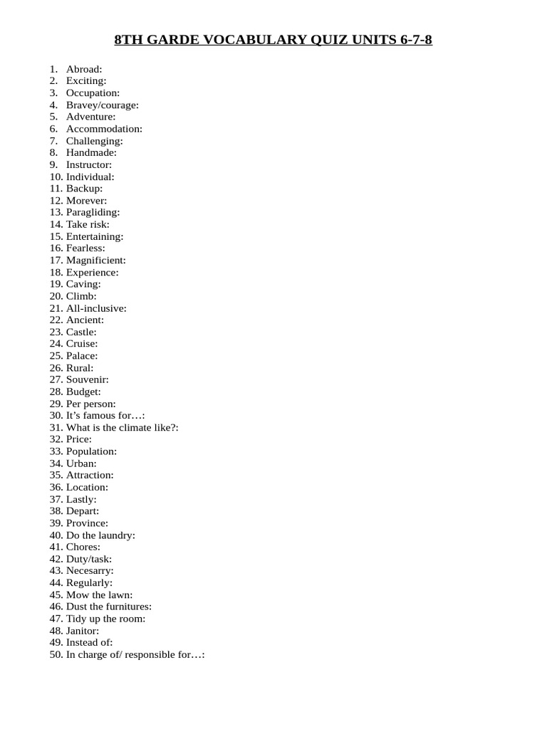 8th Grade Vocabulary Quiz Units 6-8 | PDF