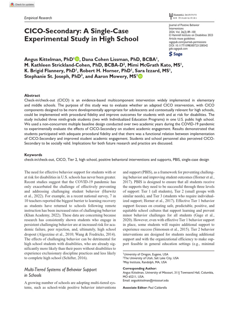 Kittelman Et Al 2023 Cico Secondary A Single Case Experimental Study in High School | PDF ...