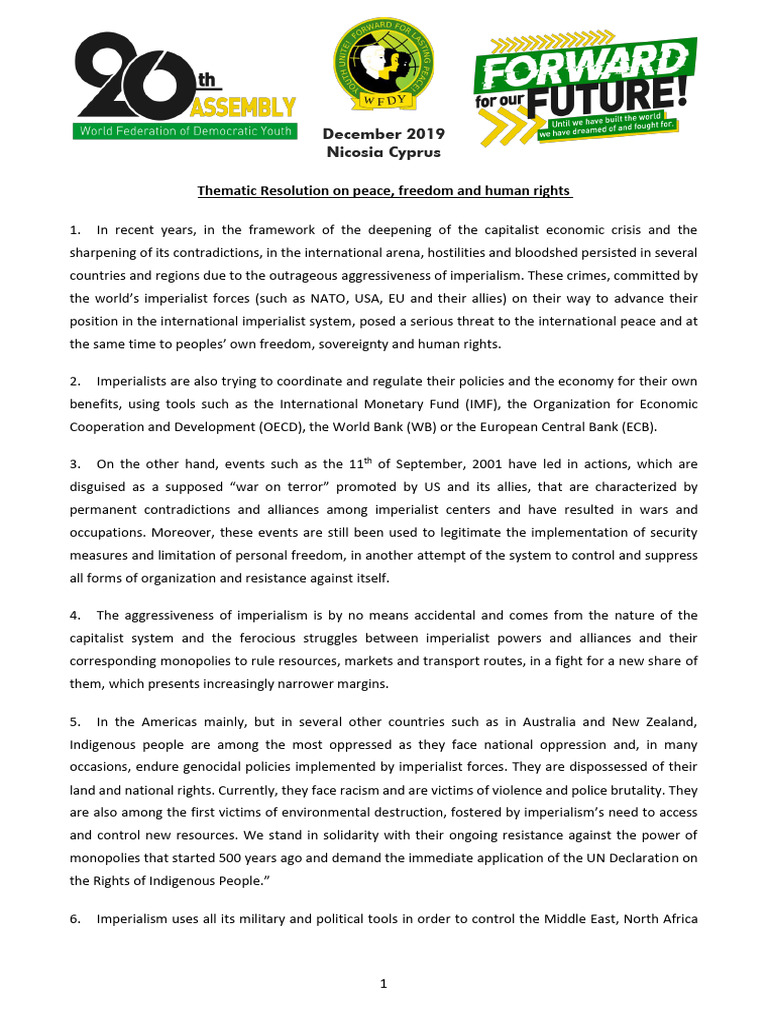 WFDY - 20th General Assembly - Thematic Resolution on Peace, Freedom ...
