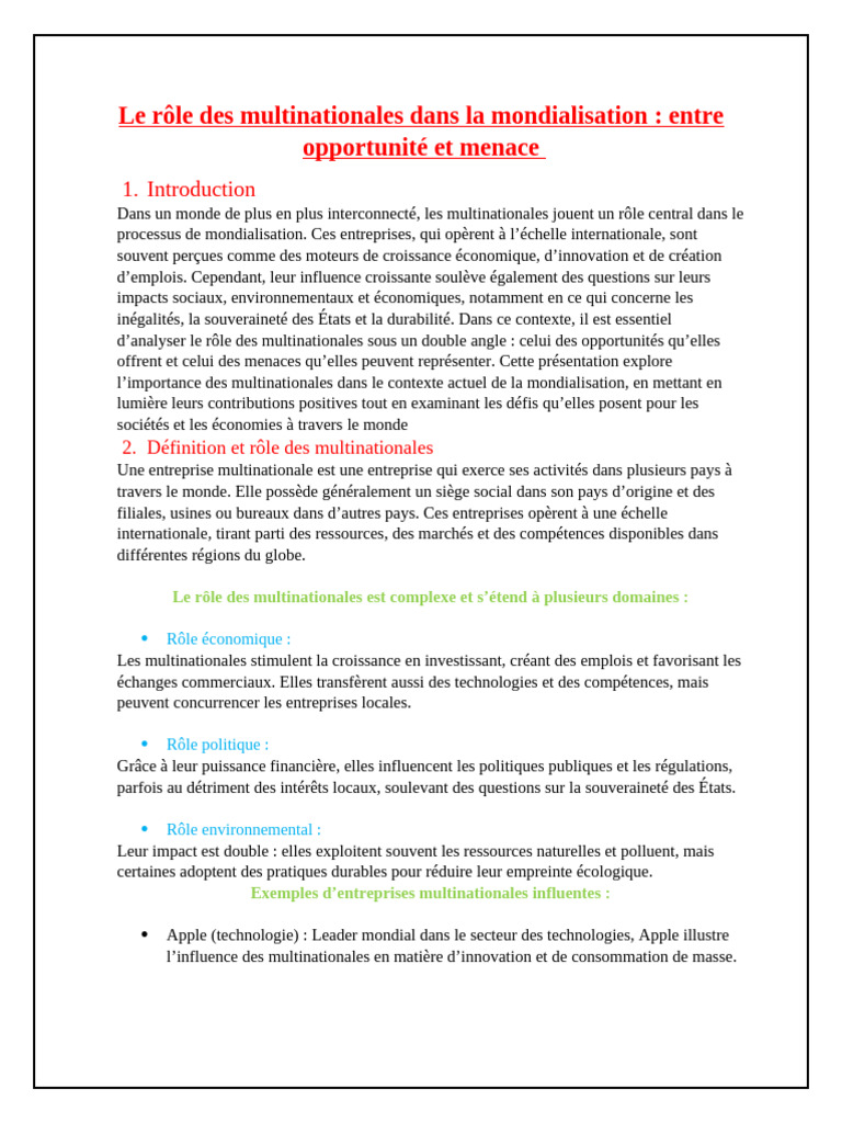 Rôle des multinationales dans la mondialisation | PDF | Société ...