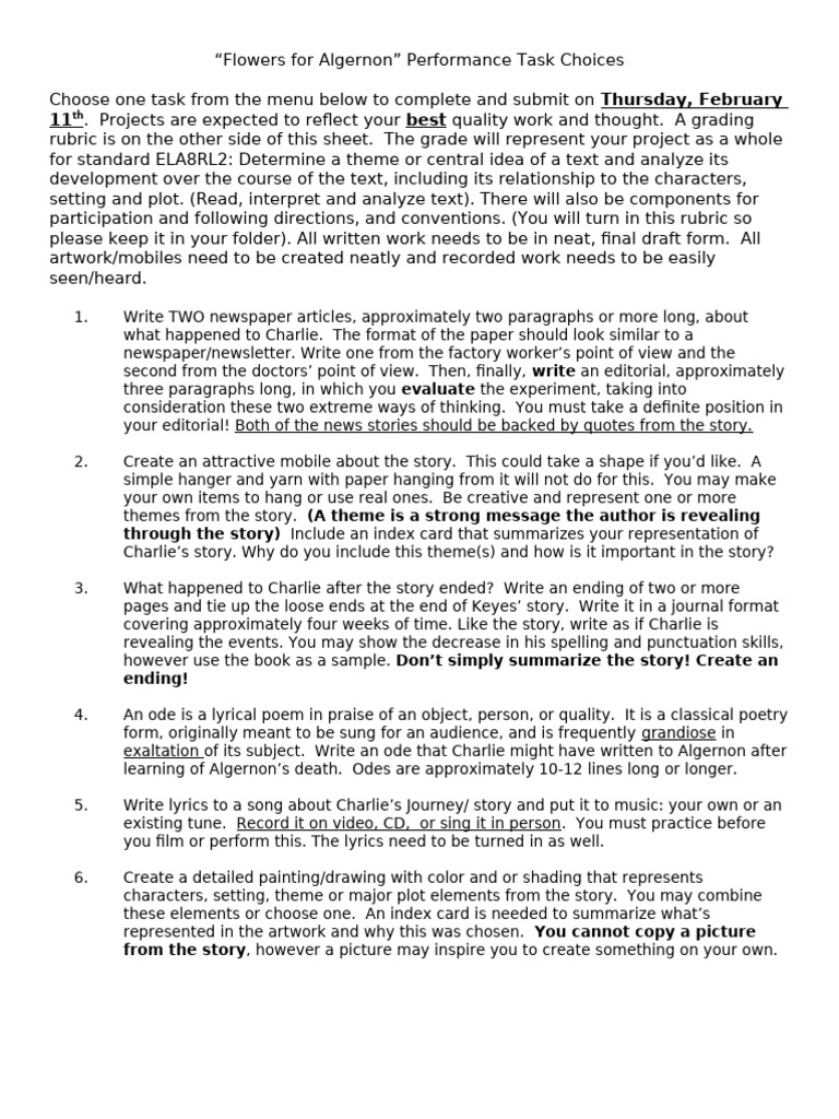 Flowers For Algernon Project Choices | PDF | Human Communication