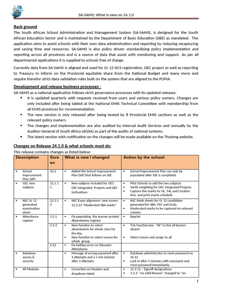 What is new on SA-SAMS 24.1.0 | PDF | Information Technology | Computing
