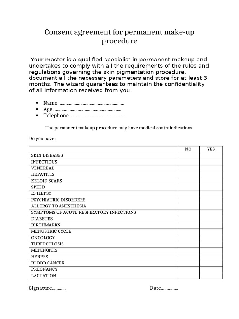 Consent Agreement For Permanent Make | PDF | Medical Specialties ...