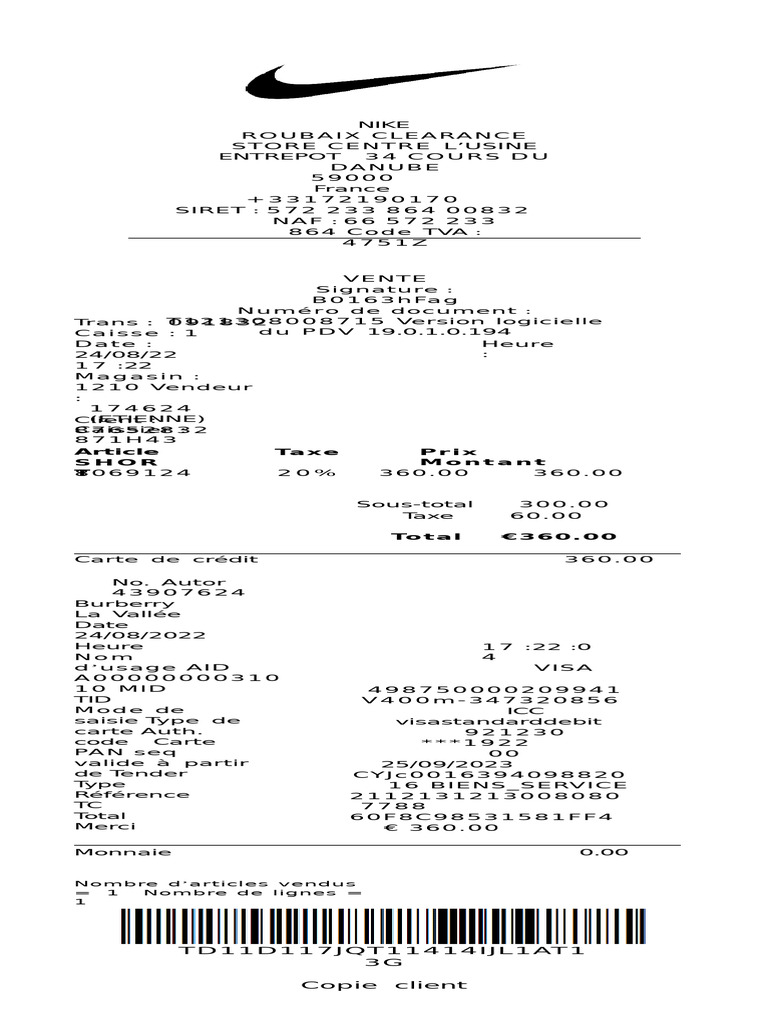 Ticket de caisse Nike - 24/08/22 | PDF
