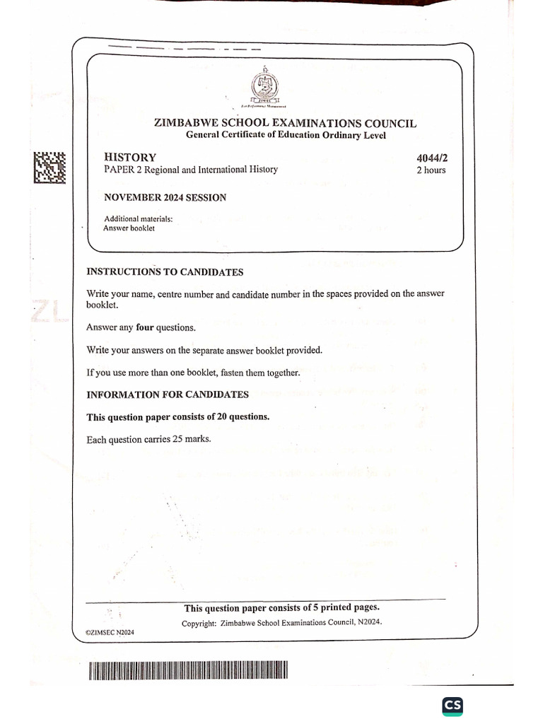 ZIMSEC O Level History Paper 2 Guide | PDF