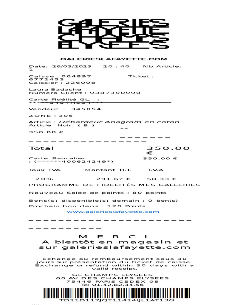 Ticket d'achat Galeries Lafayette | PDF