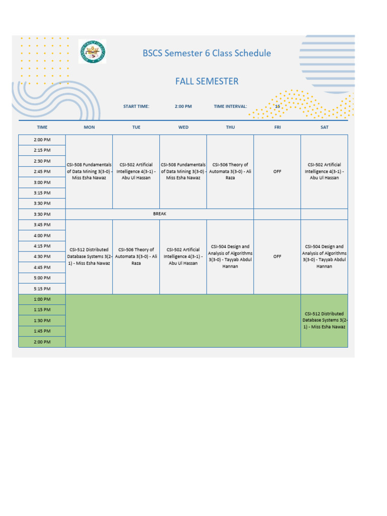 Time Table University Program Semester BSCS_6_07_April_2025 | PDF