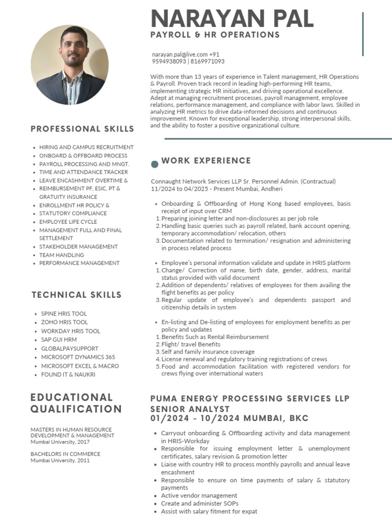 Payroll and HR Operations Resume Narayan Pal | PDF | Payroll | Employment