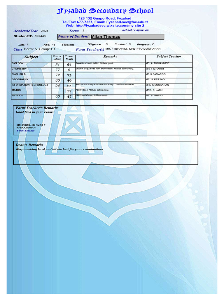 Fyzabad Secondary School Term 2 Report | PDF