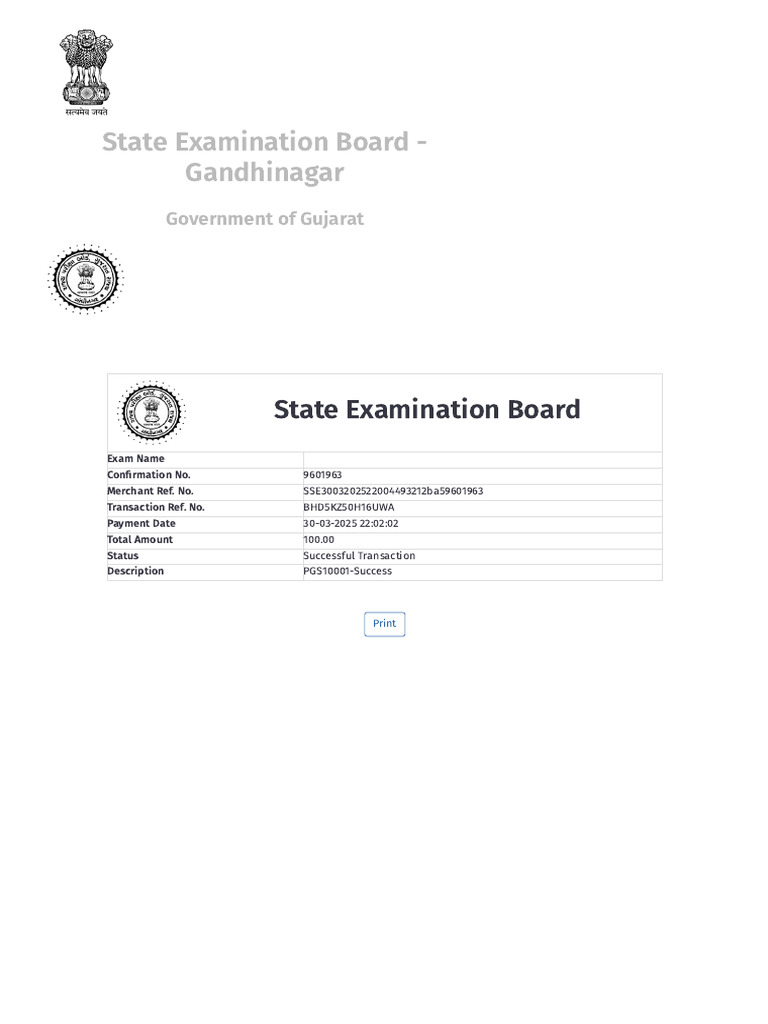 State Examination Board - Gandhinagar Payment Response | PDF