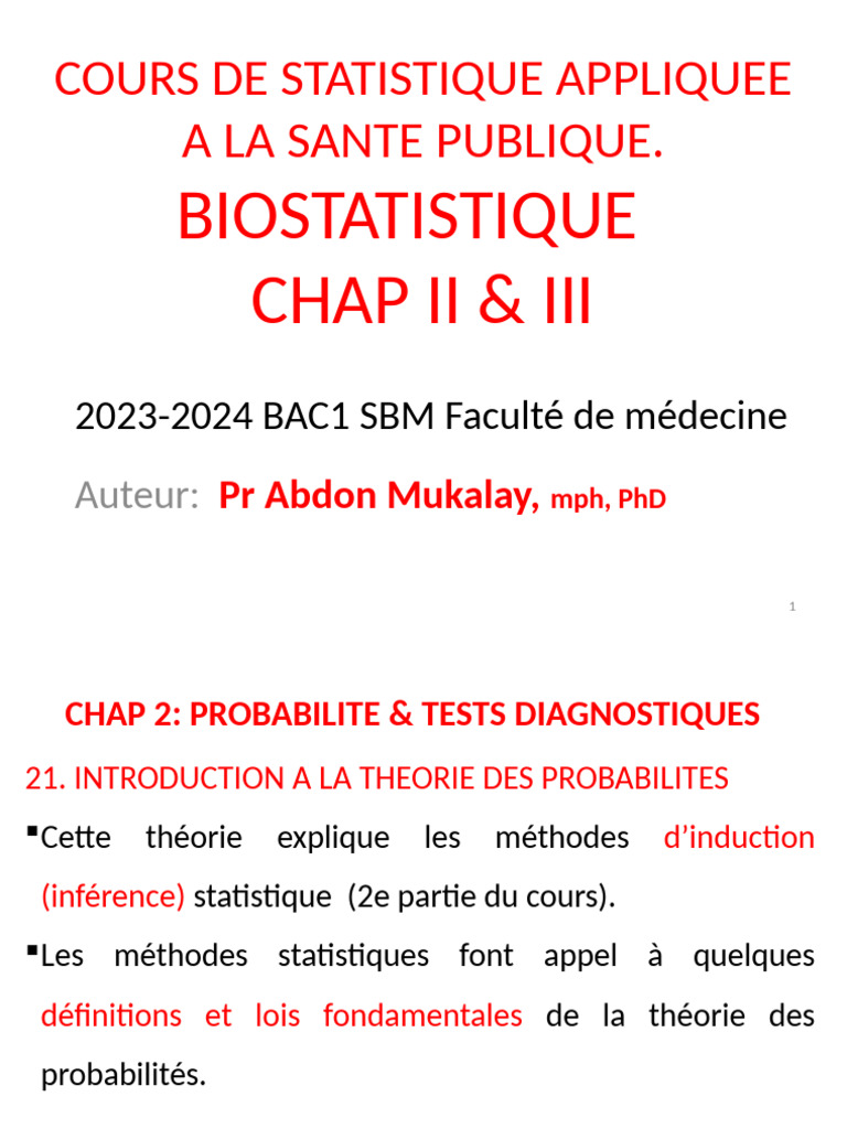 Biostat - Descr Chap 2 - 3 g1sbm 2024 - 2025 | PDF | Théorie des probabilités | Probabilité