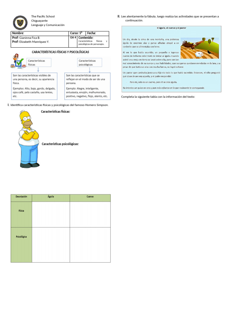 Guía N°2 Características Físicas y Psicológicas de Personajes | PDF