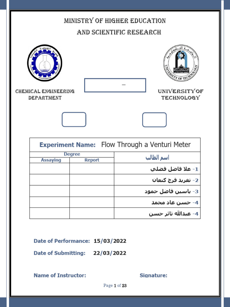 EXP. (1) Flow Through A Venturi Meter | PDF | Flow Measurement | Quantity