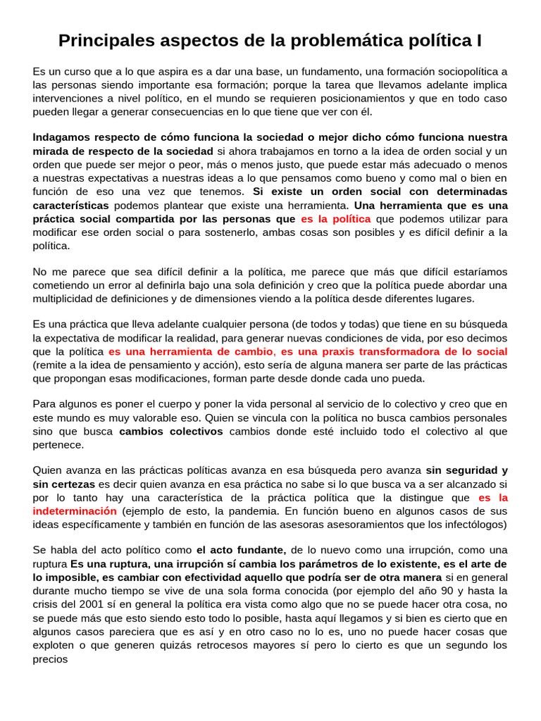 CLASE 4 Principales aspectos de la problematica politica I | PDF ...