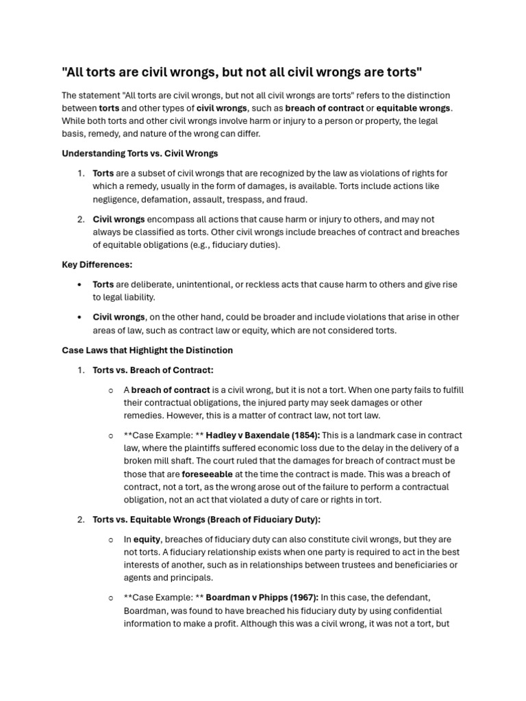 Distinction Between Torts and Civil Wrongs | PDF | Tort | Fiduciary