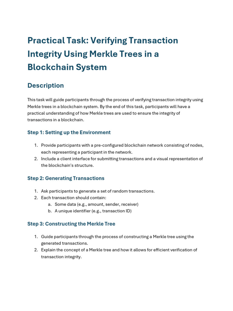 Practical Task Verifying Transaction Integrity Using Merkle | PDF | Computing