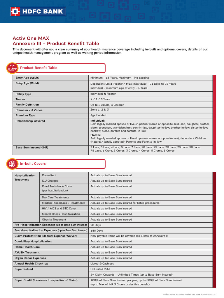 Activ One MAX Health Insurance Benefits | PDF | Chronic Condition ...