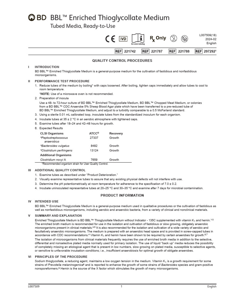 BBL Thioglycollate Med W - Vit K & Hemin | PDF | Growth Medium | Staining