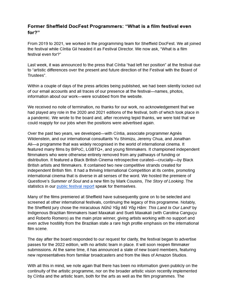 SHEFFIELD DOC - FEST - PUBLIC STATEMENT by Former Programmers (2020 ...