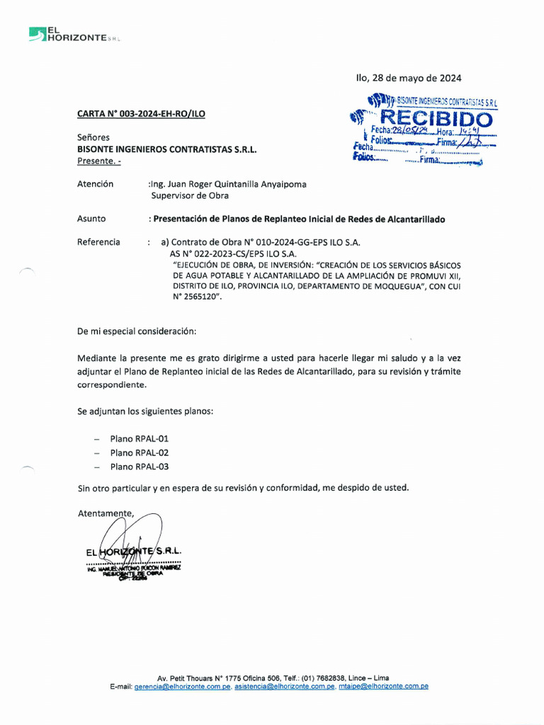 Carta N° 003-2024-EH-RO-ILO - Presentación Planos Replanteo Alc. | PDF