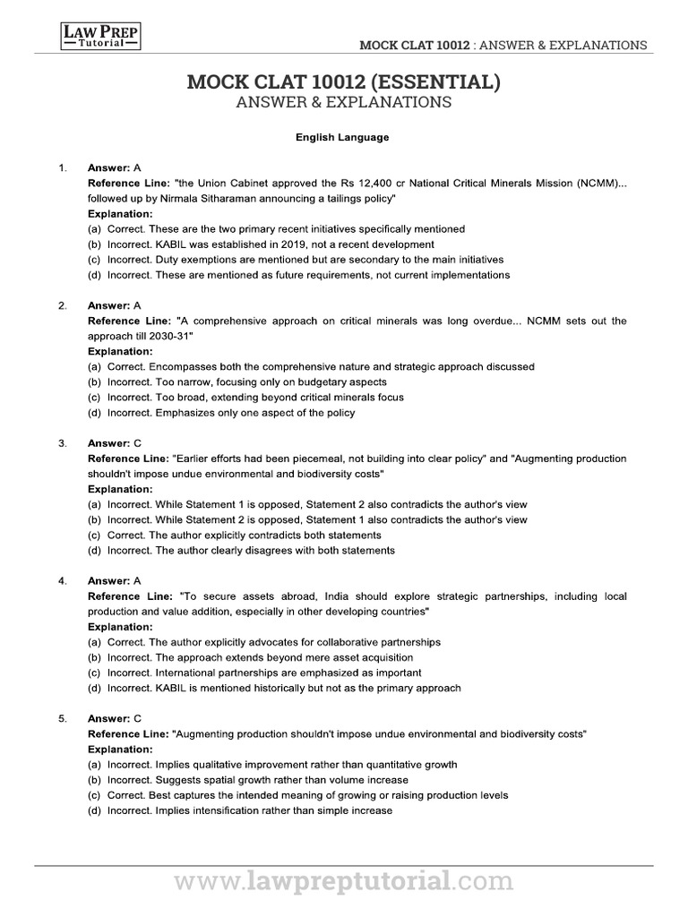 Final Mock - 10012 (CLAT) - Answer & Explanations | PDF