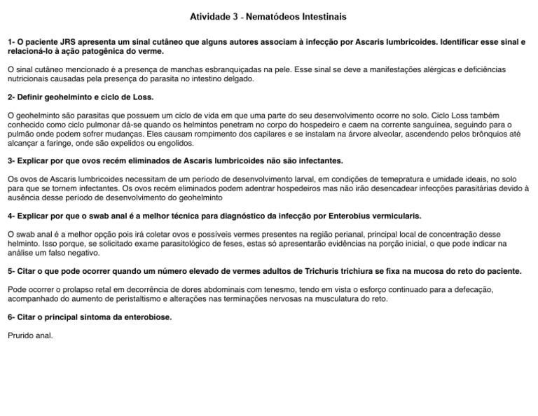Atividade 3 - Nematódeos Intestinais 2 | PDF