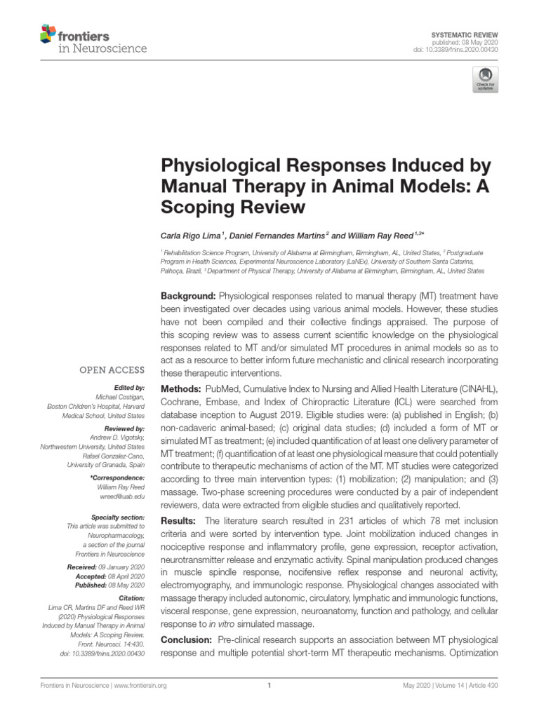Physiological Responses Induced by Manual Therapy in Animal Models A ...
