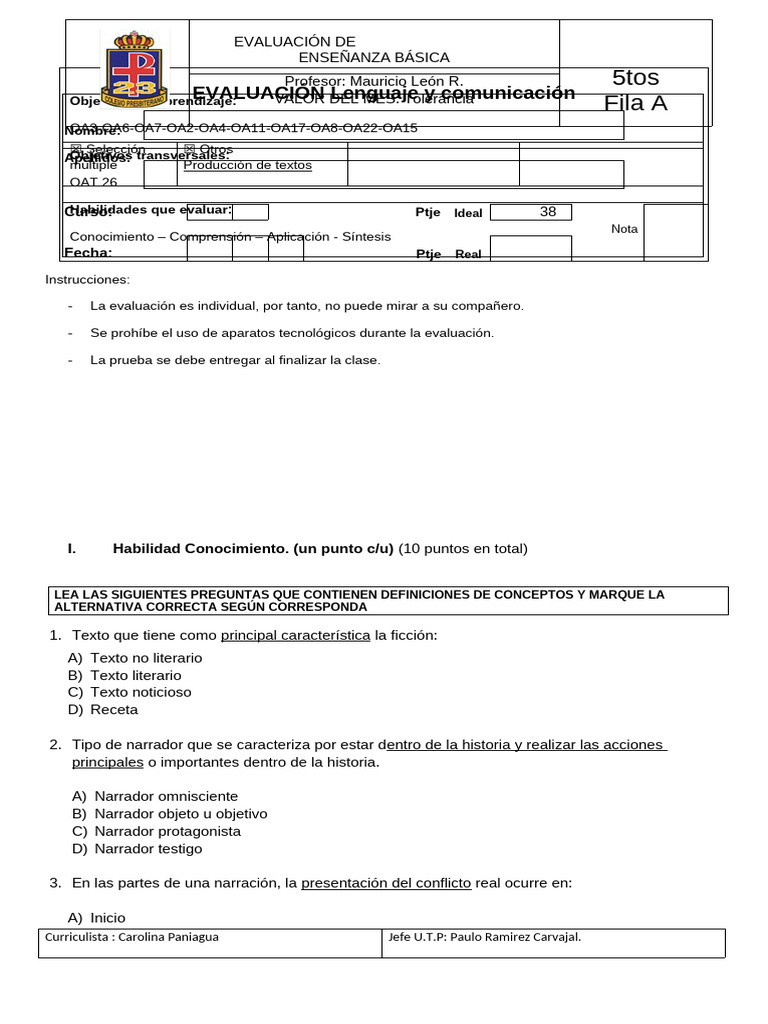 Evaluacion Contenido 5A | PDF | Narración