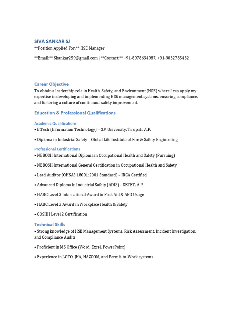 Siva_Sankar_HSE_Manager_CV_Formatted | PDF | Occupational Safety And ...